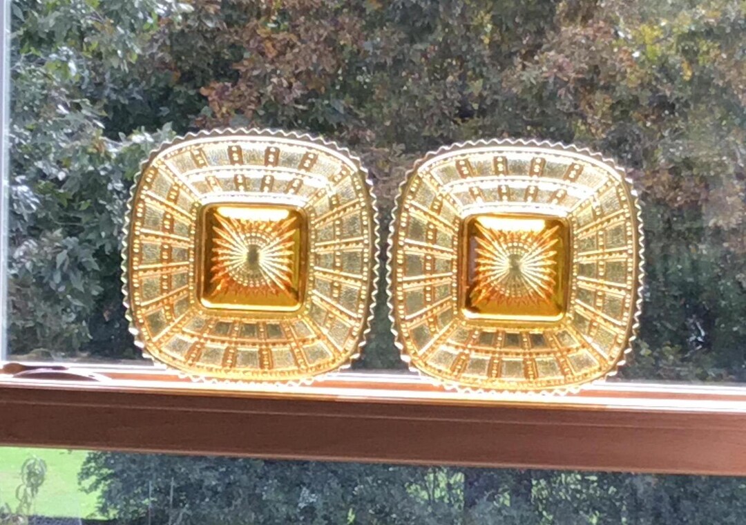 Imperial Glass Beaded Block Starburst Amber Square Large Salad Plates ...