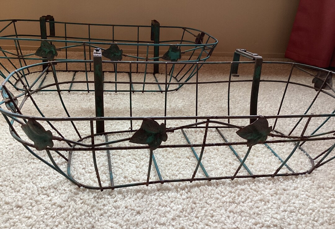 Vintage Painted Wire Large 19 Inch Oval Window Planters With Leaf Decor ...
