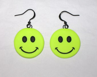 Neon Yellow Smiley Face Earrings - Etsy