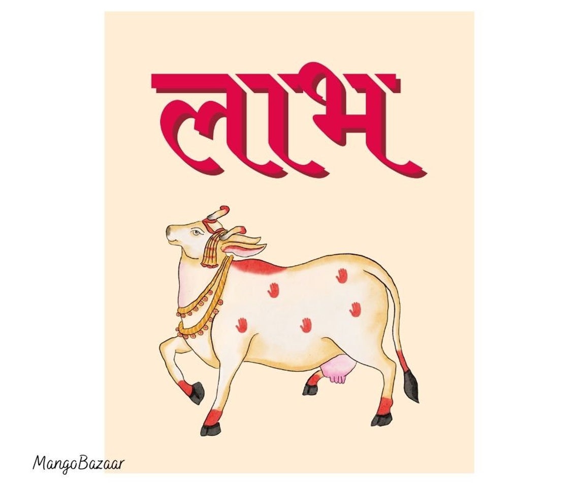 Shubh Labh Hindi Sanskrit Indian Pichwai Cow Art, Festive Diwali Indian Entryway Living Room ...