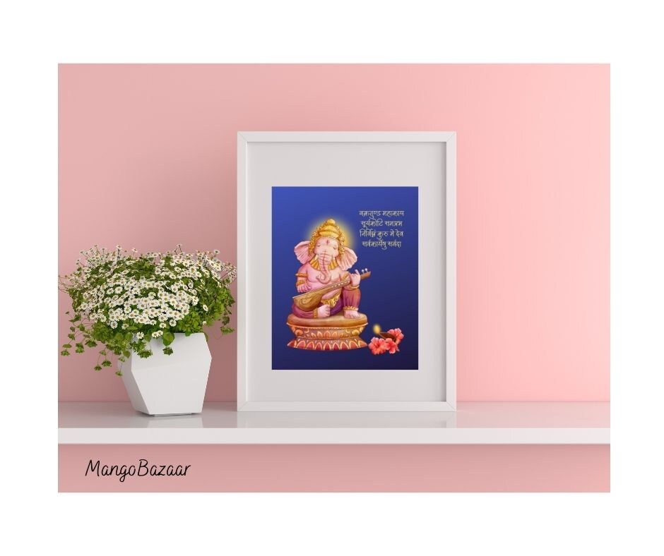 Ganesha Mantra Print, Vakratunda Mahakaya Shlok, Hindu Prayer Art ...