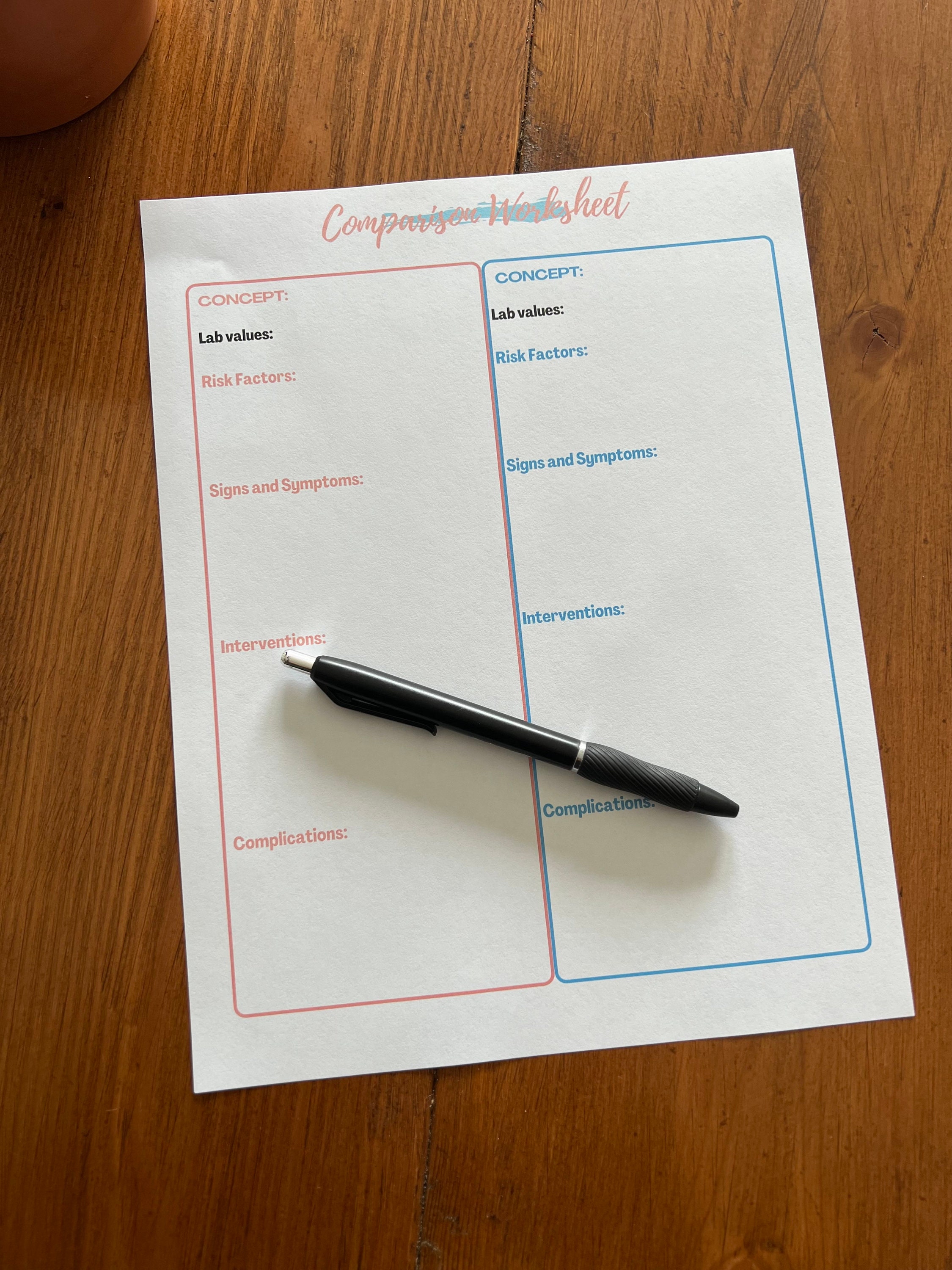 Nursing Concept Compare Blank Template -nursing Notes -printable ...