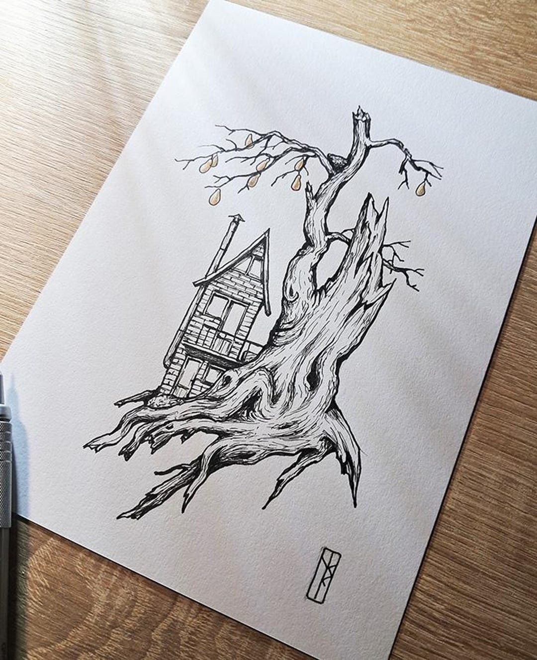 Old Pear Tree Forest House - Original Graphic Drawing, Tattoo Ink ...