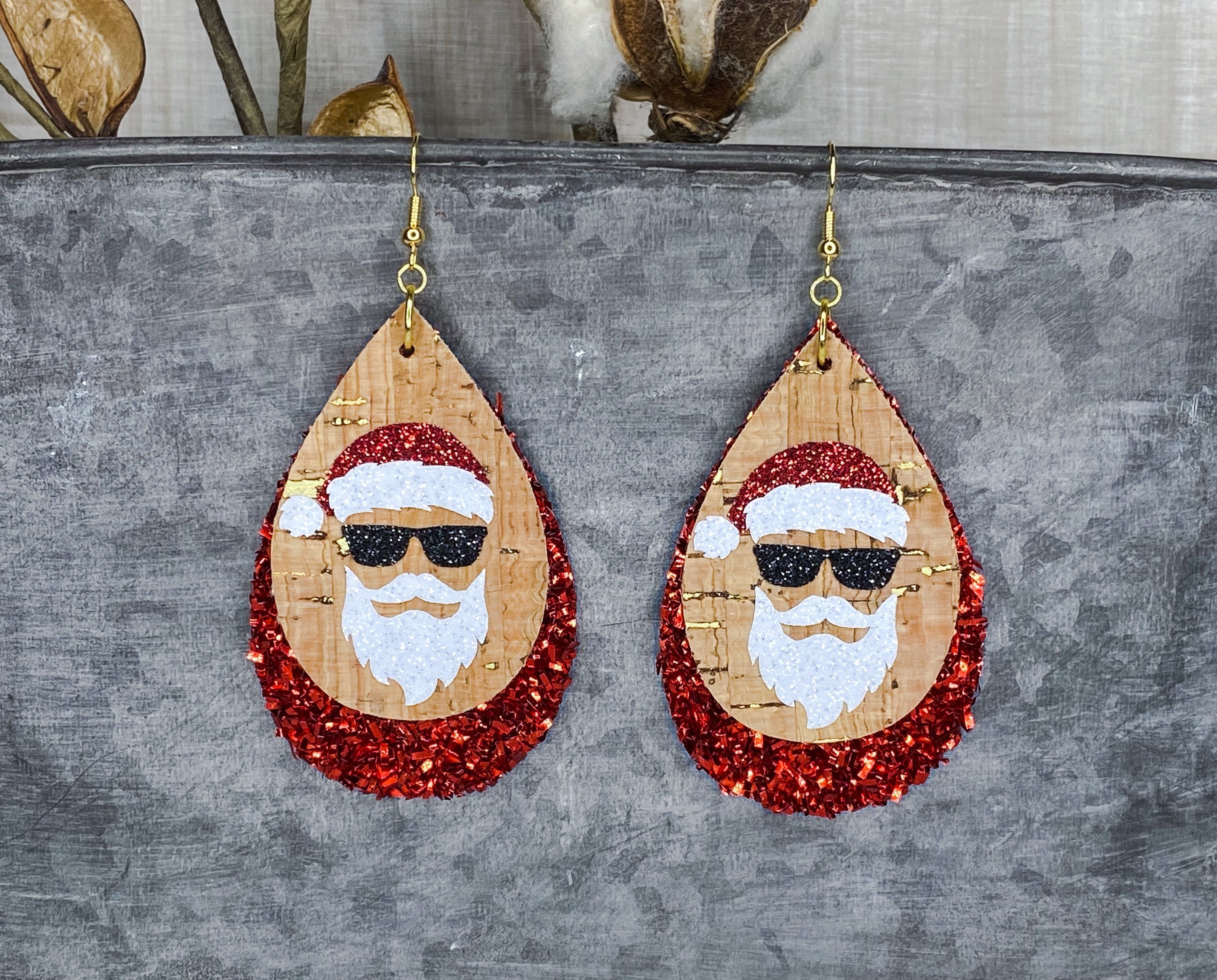 Double Layer Santa Claus Sunglasses Glitter Faux Leather Earrings ...
