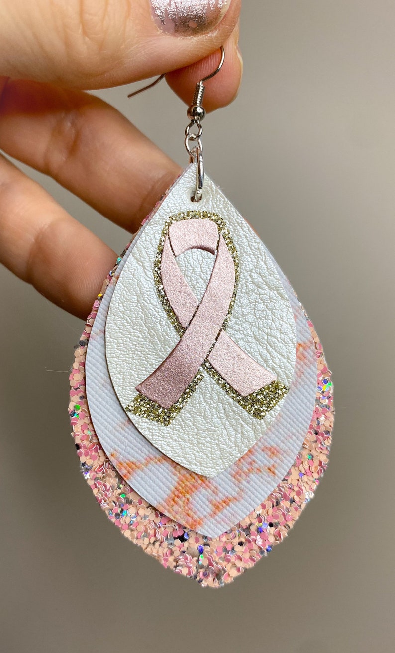 Breast Cancer Pink Ribbon Triple Layer Glitter Faux Leather Earrings ...