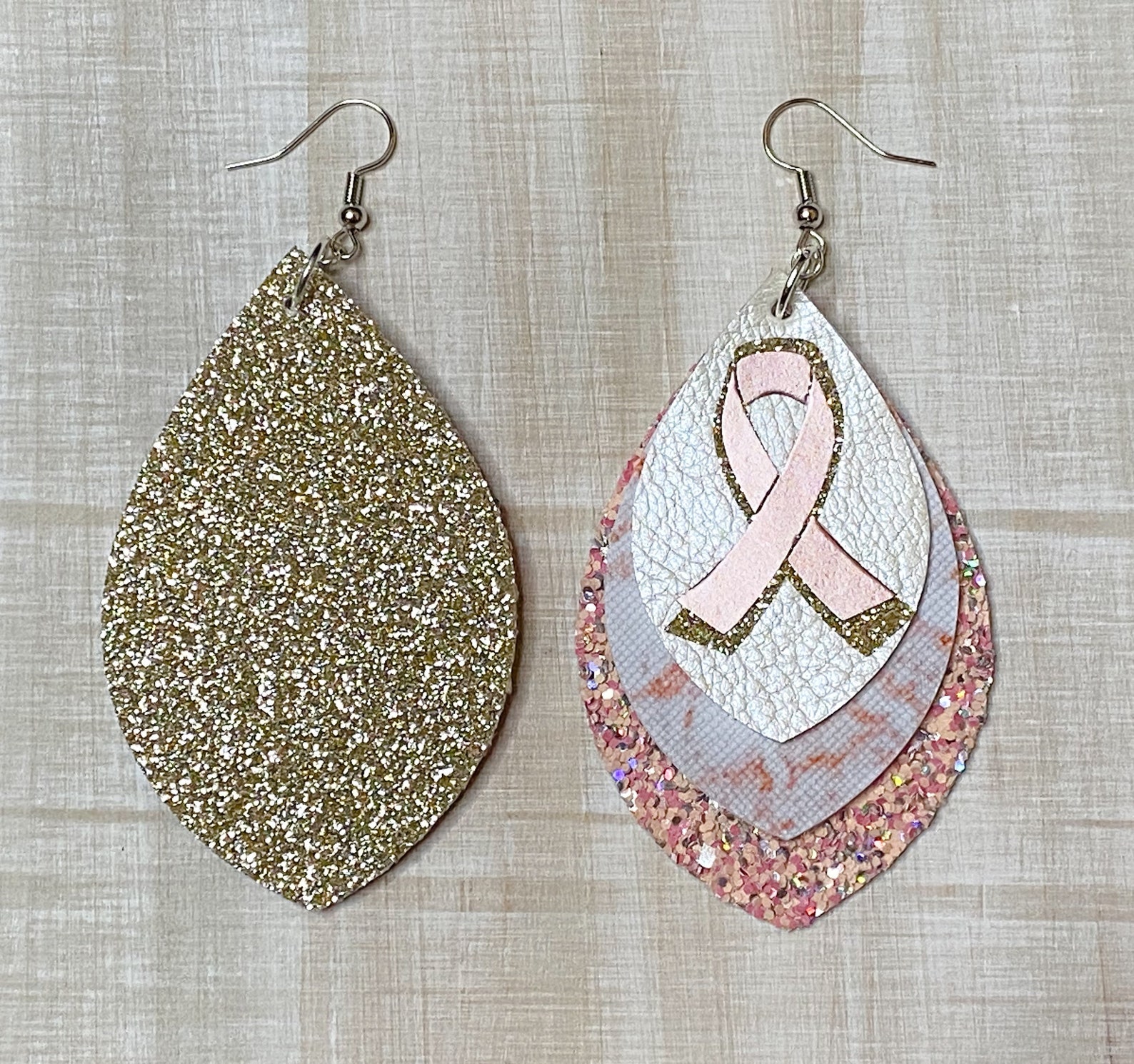 Breast Cancer Pink Ribbon Triple Layer Glitter Faux Leather Earrings ...