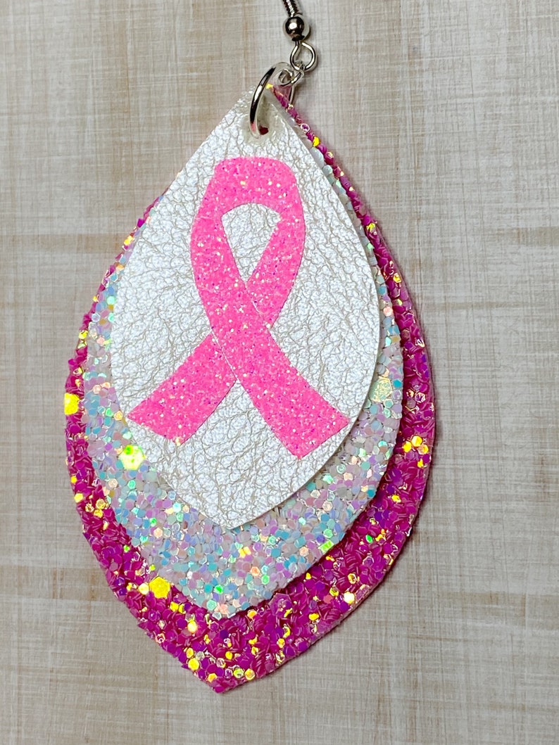Breast Cancer Pink Ribbon Triple Layer Glitter Faux Leather Earrings ...