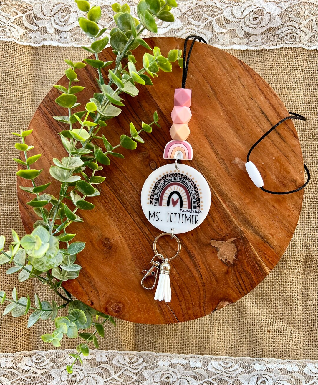 Pink Blush Teacher Life Boho Rainbow Beaded Acrylic Lanyard Badge ...