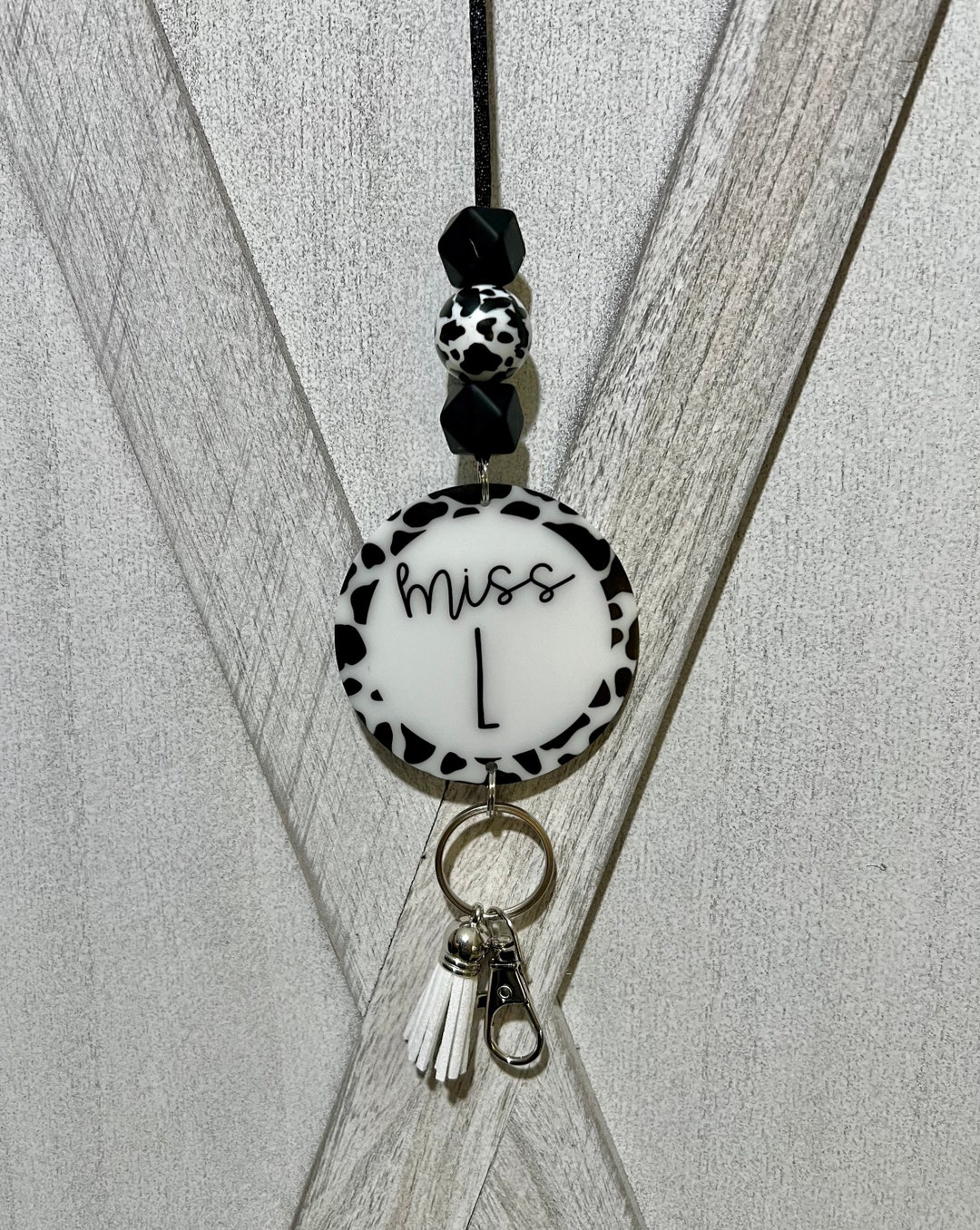 Teacher Cow Print Beaded Acrylic Lanyard Badge Holder | Teacher Gift ...