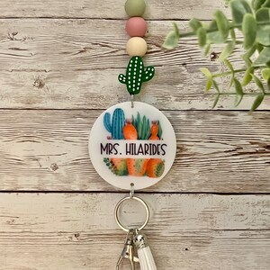 Teacher Cactus Boho Beaded Acrylic Lanyard Badge Holder Teacher Lanyard ...