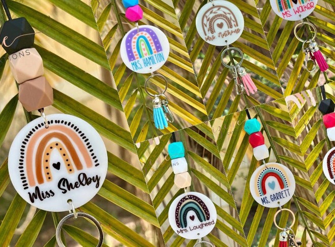 Boho Rainbow Personalized Beaded Acrylic Lanyard Badge Holder Teacher ...