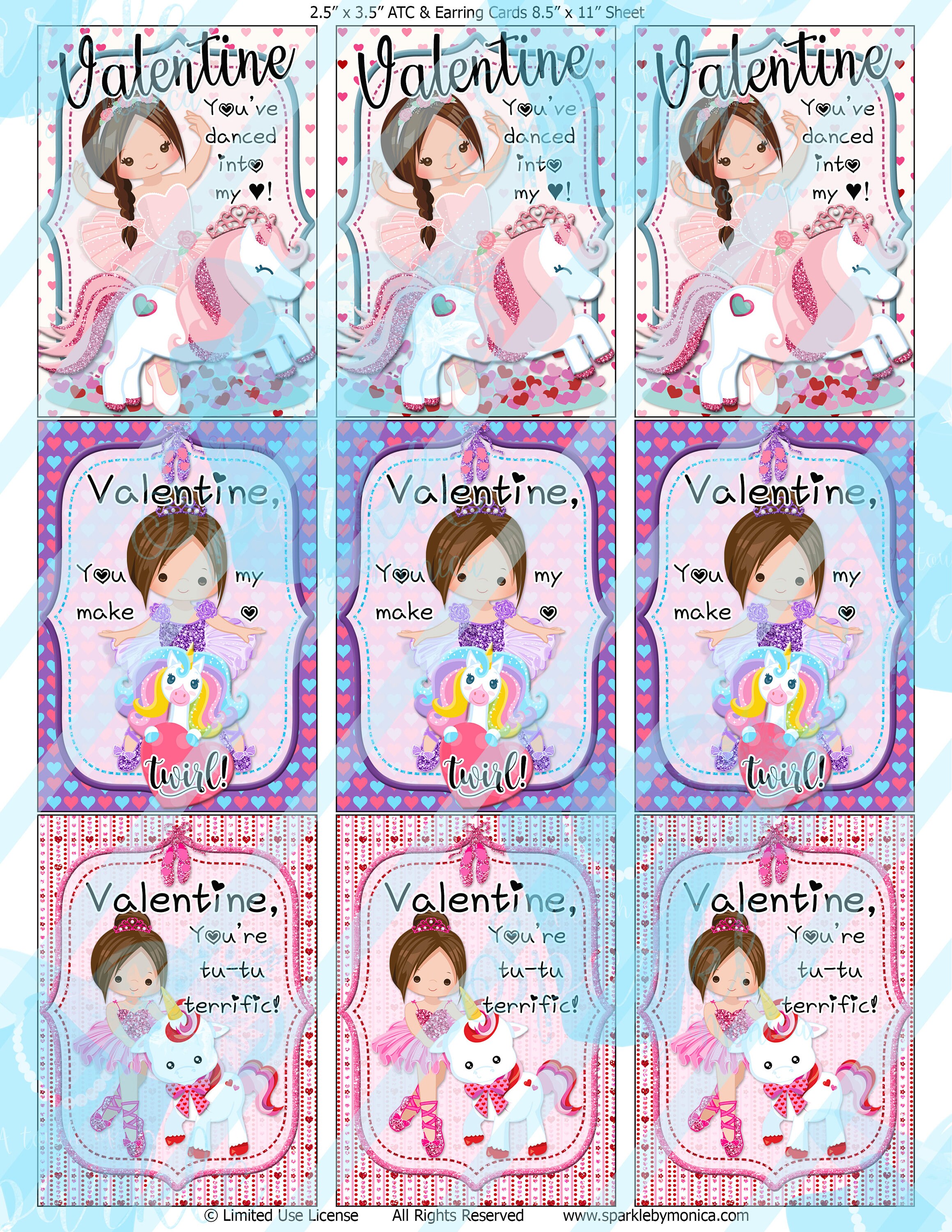 Brunette Ballerina Unicorn Valentine Cards, Digital ATC, Digital ...