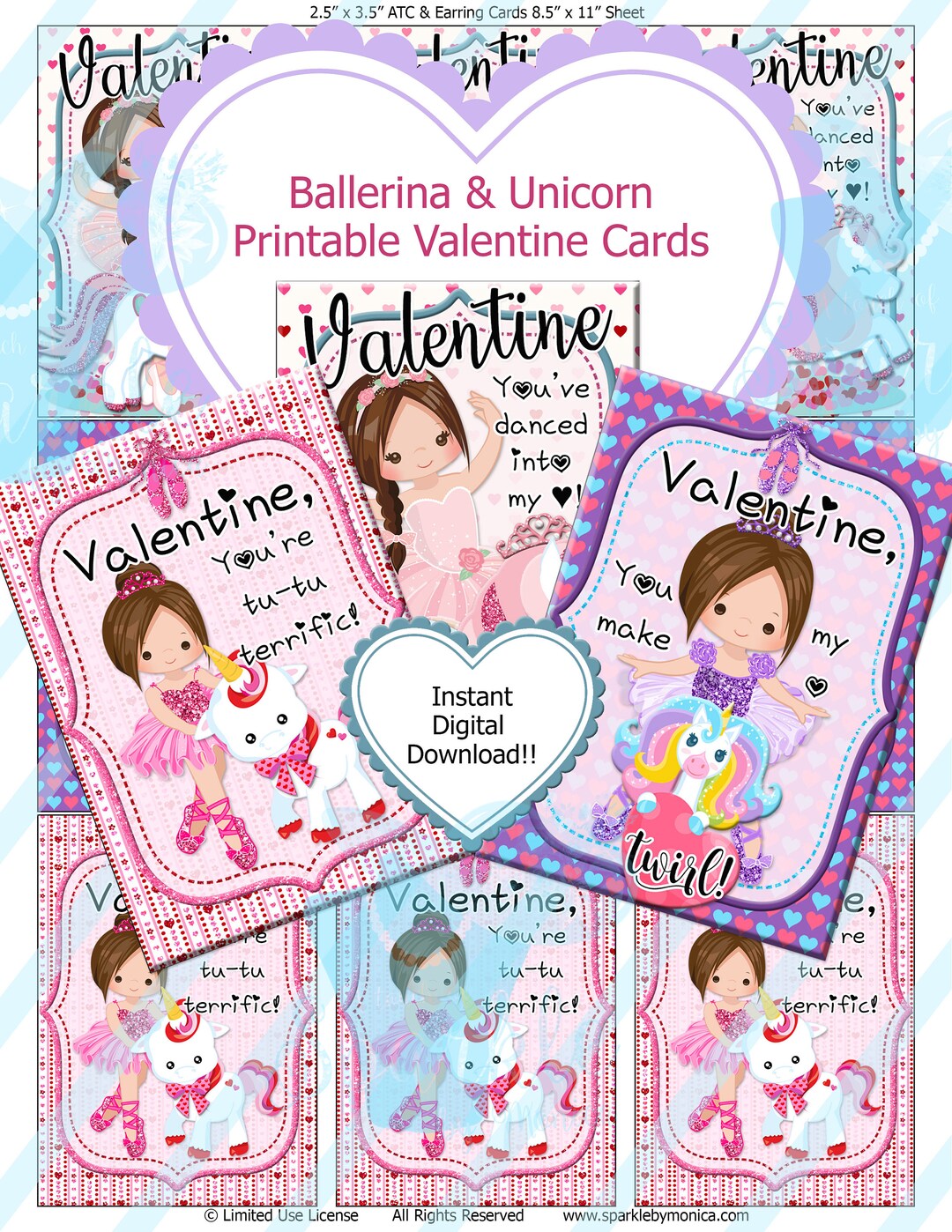 Brunette Ballerina Unicorn Valentine Cards, Digital ATC, Digital ...