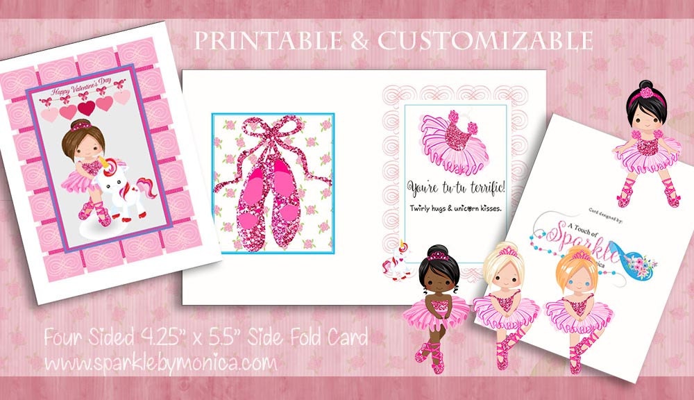 Brunette Ballerina Unicorn Valentine Card Fuchsia Pink Sparkle Glitter ...