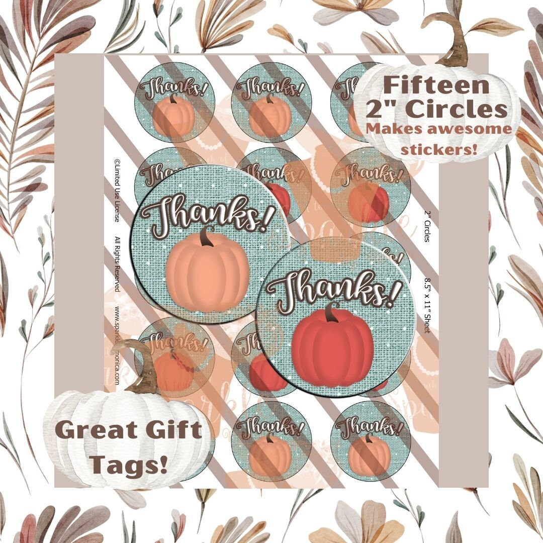 2" Pumpkin Thanks Gift Tags, Thanksgiving Stickers, Digital Tags ...