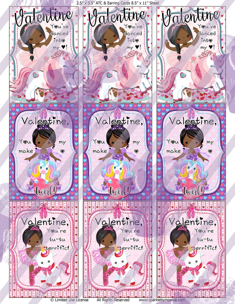 Black Ballerina Unicorn Valentine Cards, Digital ATC, Digital Earring ...