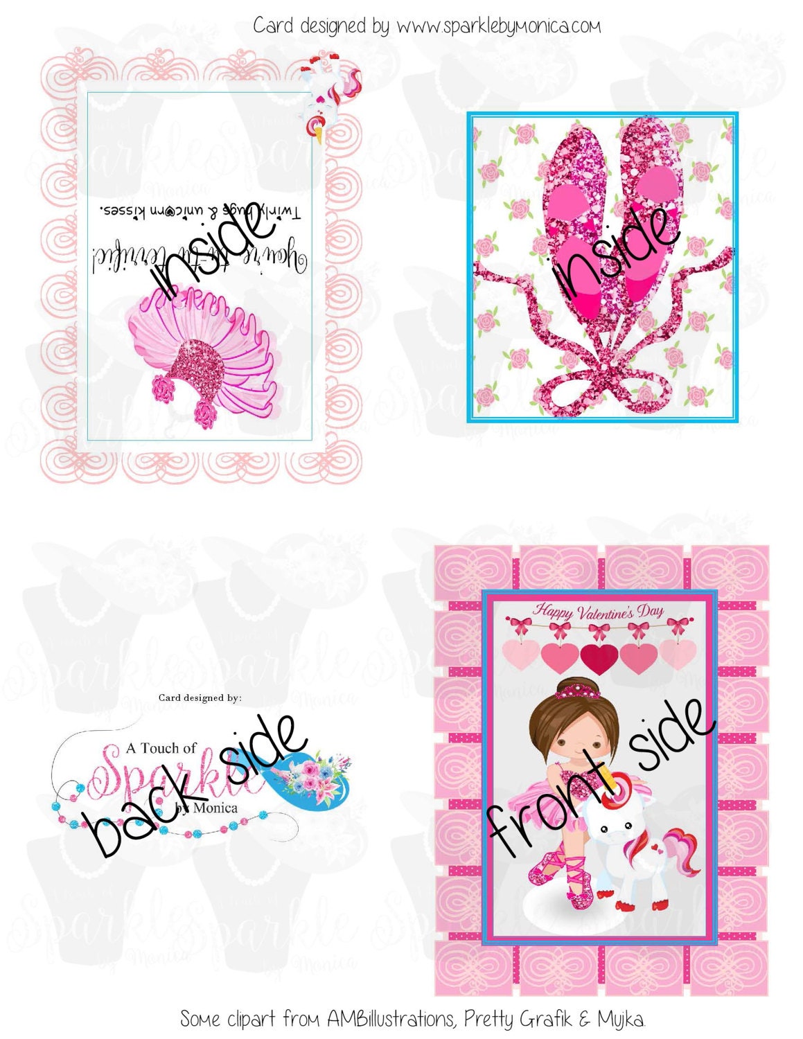 Brunette Ballerina Unicorn Valentine Card Fuchsia Pink Sparkle Glitter ...