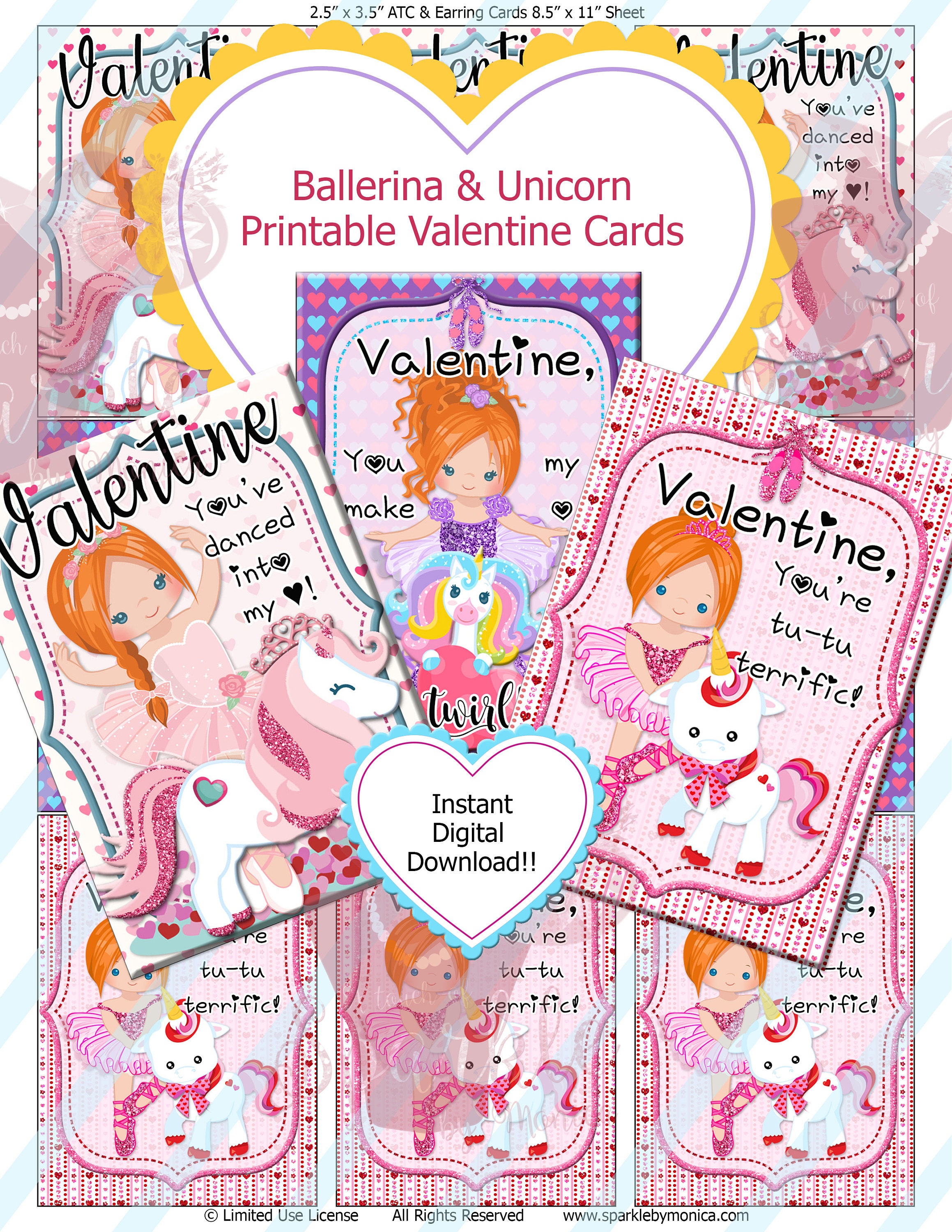 Ginger Red Head Ballerina Unicorn Valentine Cards, Digital ATC, Digital ...