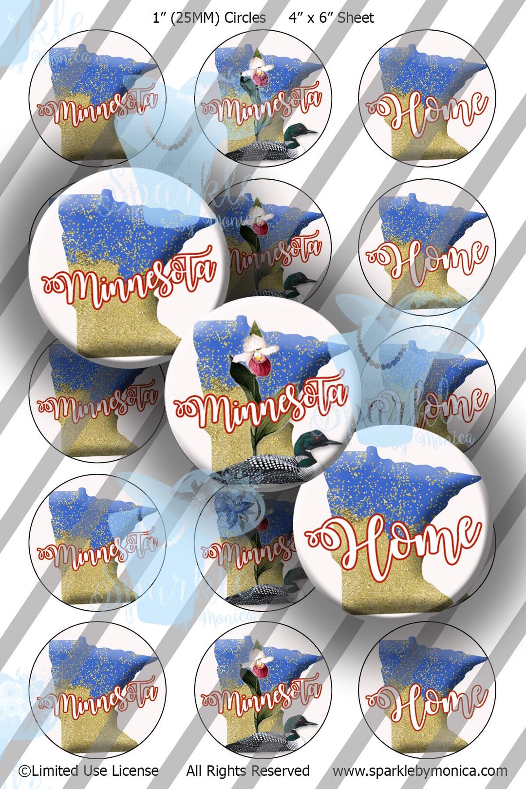 Minnesota Map Digital Bottle Cap Images, MN Blue Gold Glitter, 1 Inch ...