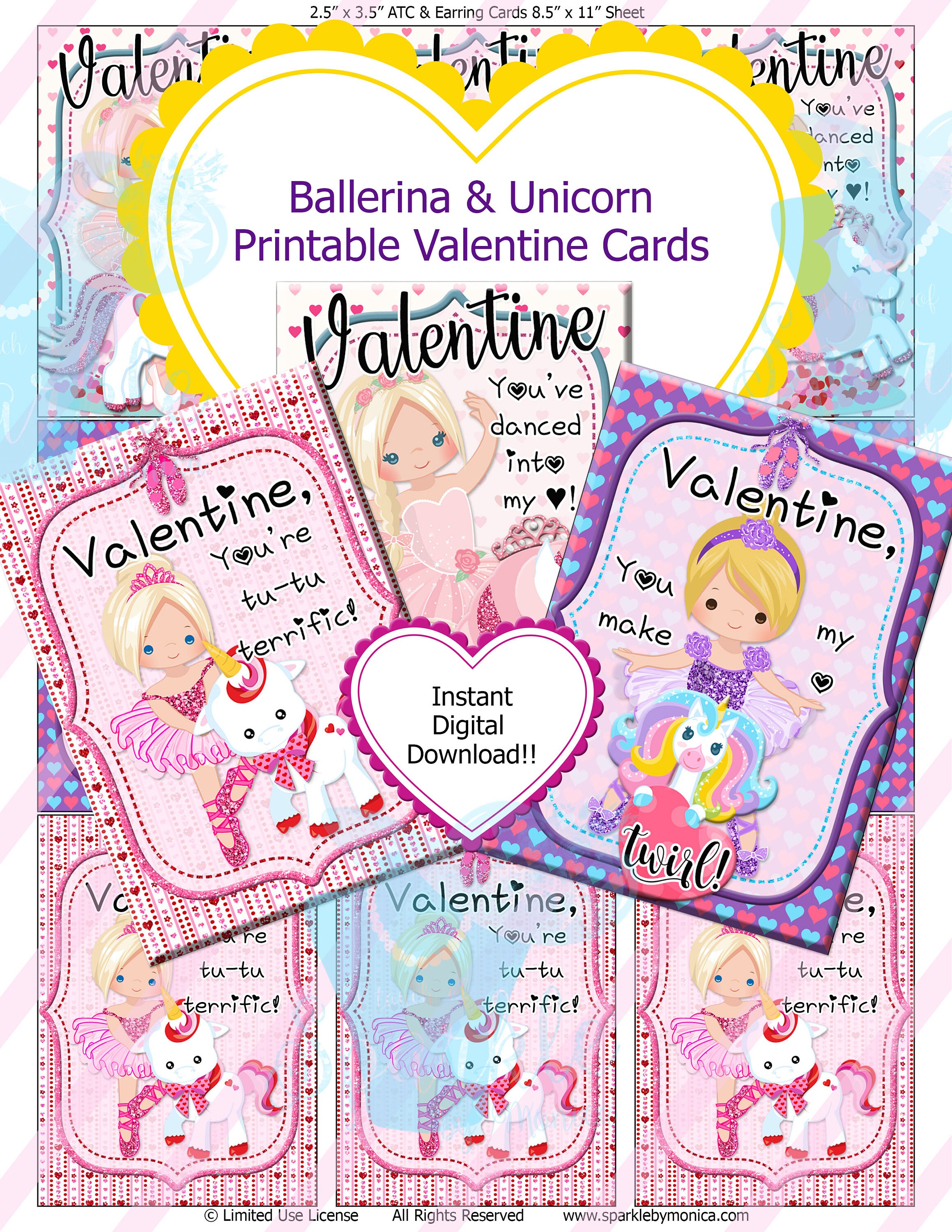 Blonde Ballerina Unicorn Valentine Cards, Digital ATC, Digital Earring ...