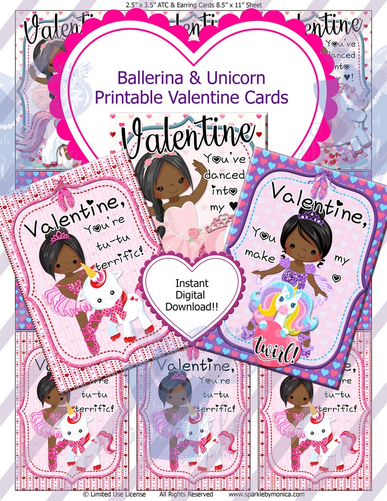 Black Ballerina Unicorn Valentine Cards, Digital ATC, Digital Earring ...