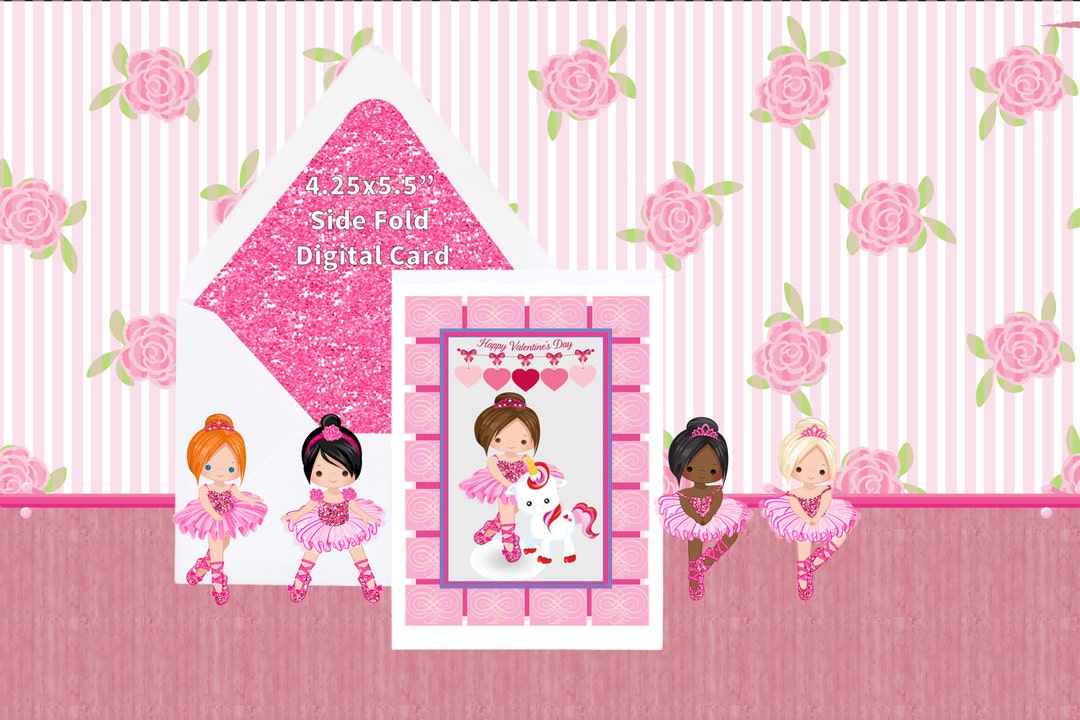 Brunette Ballerina Unicorn Valentine Card Fuchsia Pink Sparkle Glitter ...