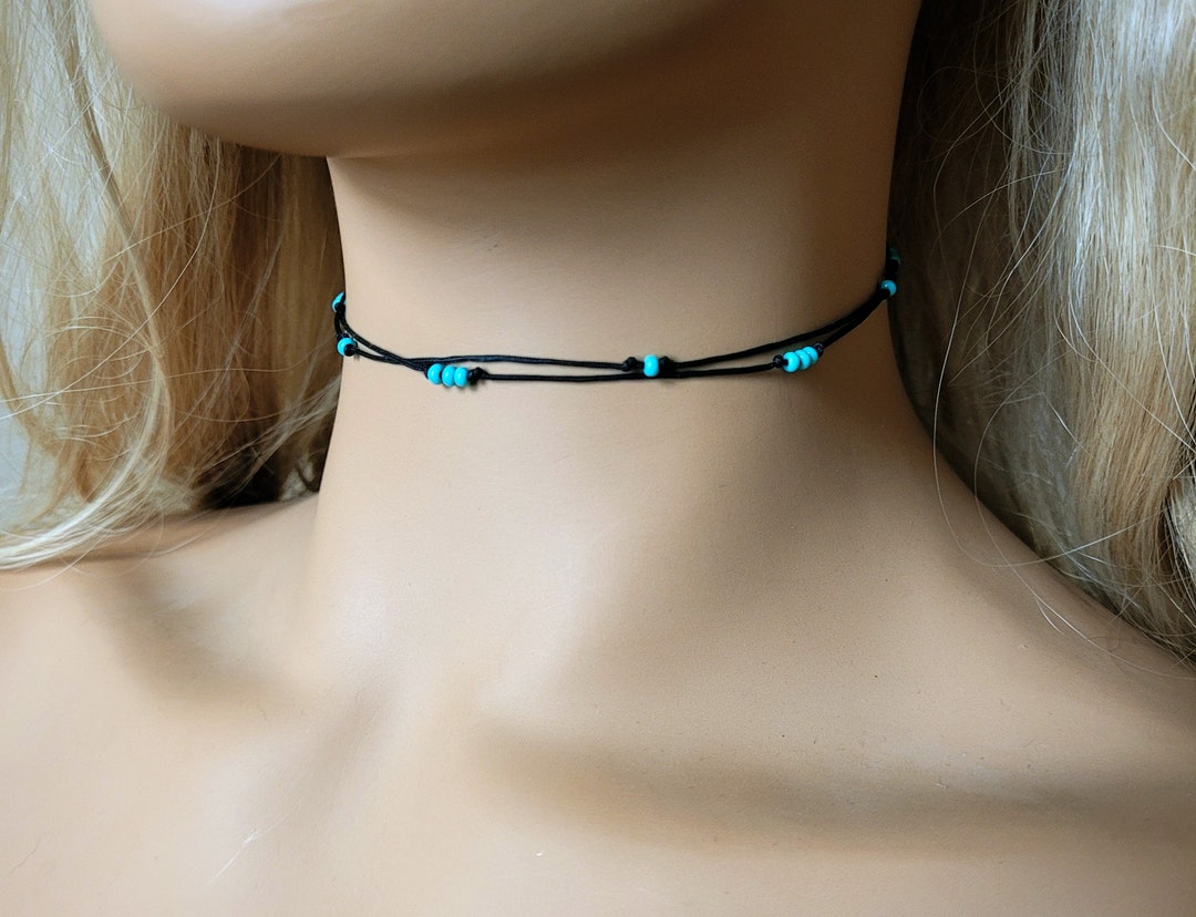Double Layered Black Cord Choker Necklace, Blue Beaded Choker ...