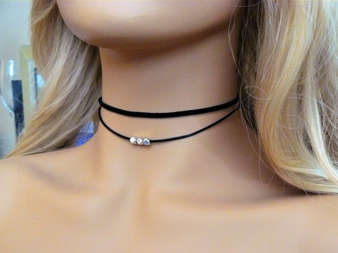 Leather Double Wrap Silver Bead Choker Necklace Double Layer Choker ...