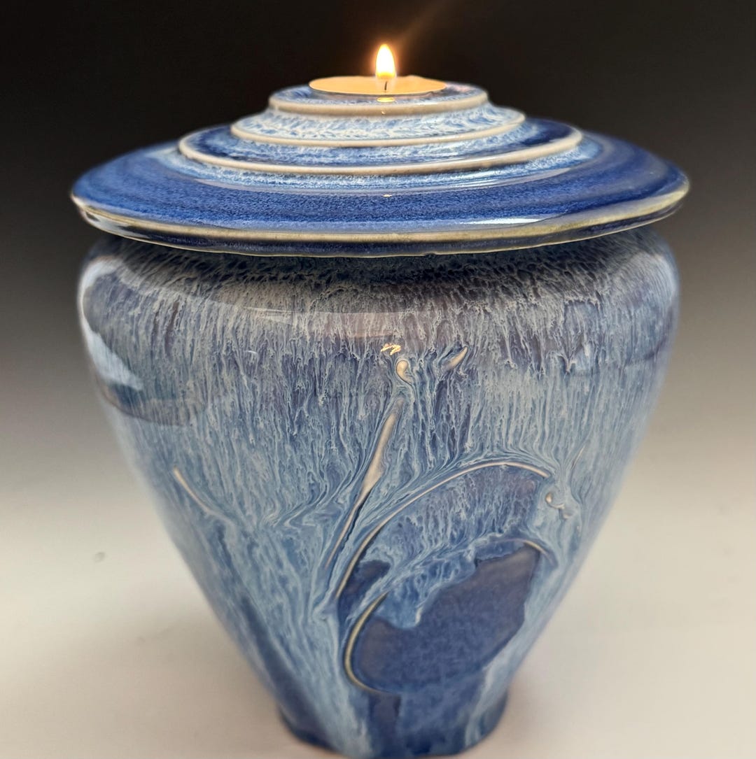 Blue Handcrafted Candle Cremation Urn: Celebration of Life Ceramic ...