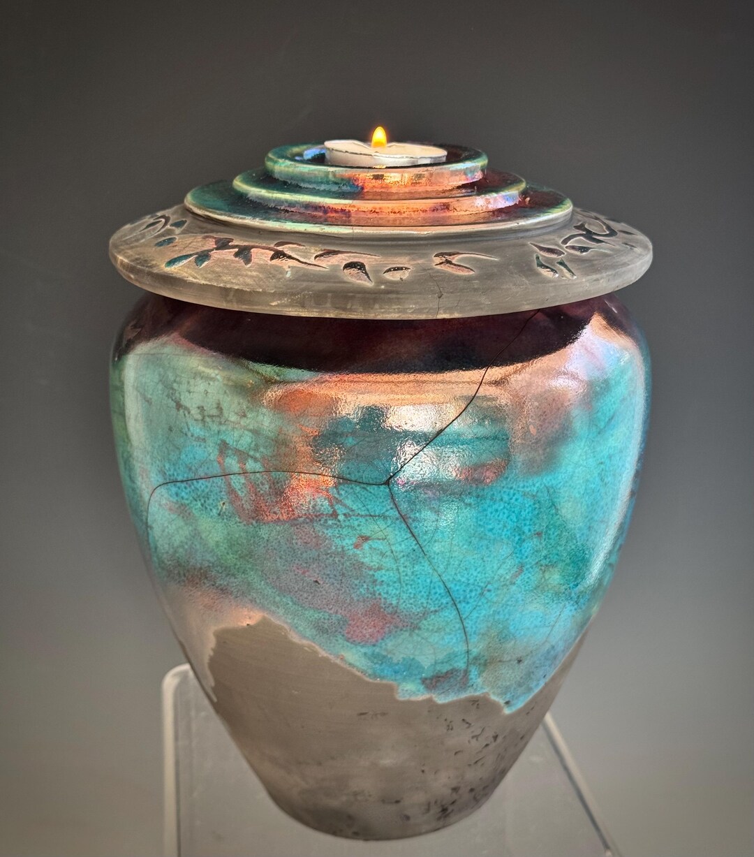 Ceramic Cremation Urn, Handmade Turquoise Raku Kintsugi Vessel for ...