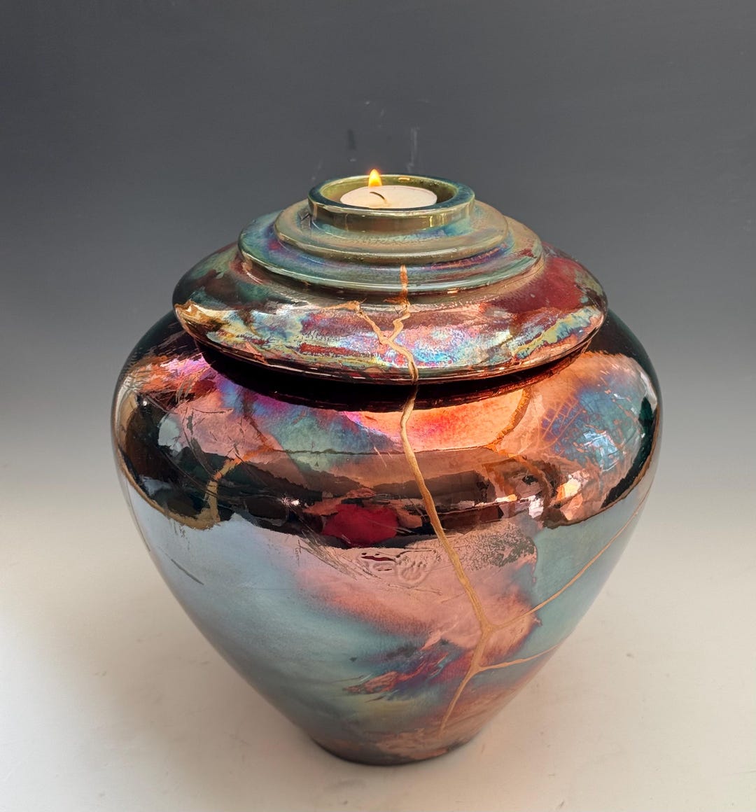 Extra Large Handmade Raku Cremation Urn: Copper Kintsugi Ceramic ...