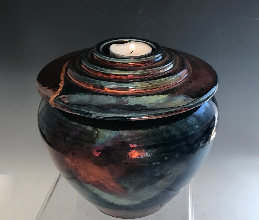 Ceramic Cremation Urn for Ashes, Copper Raku Kintsugi Funeral Vessel ...
