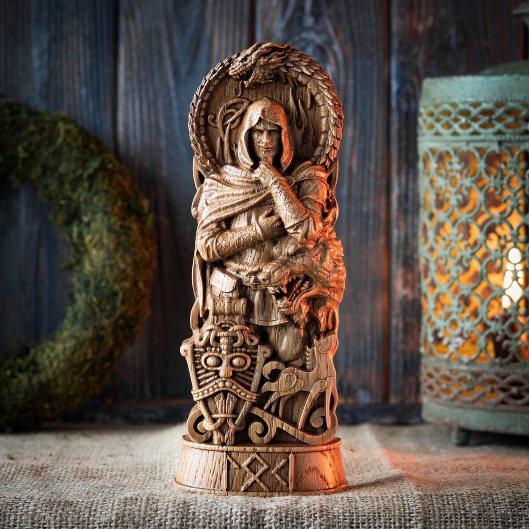 Loki Statue – Norse God Figurine – Hand Carved Oak Wood Sculpture ...