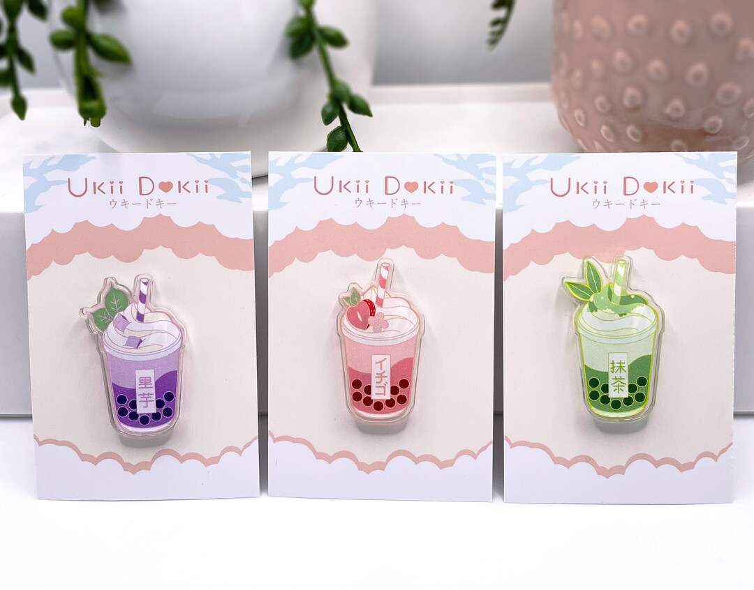 Kawaii Boba Milk Tea Acrylic Pin Matcha Pin Strawberry - Etsy
