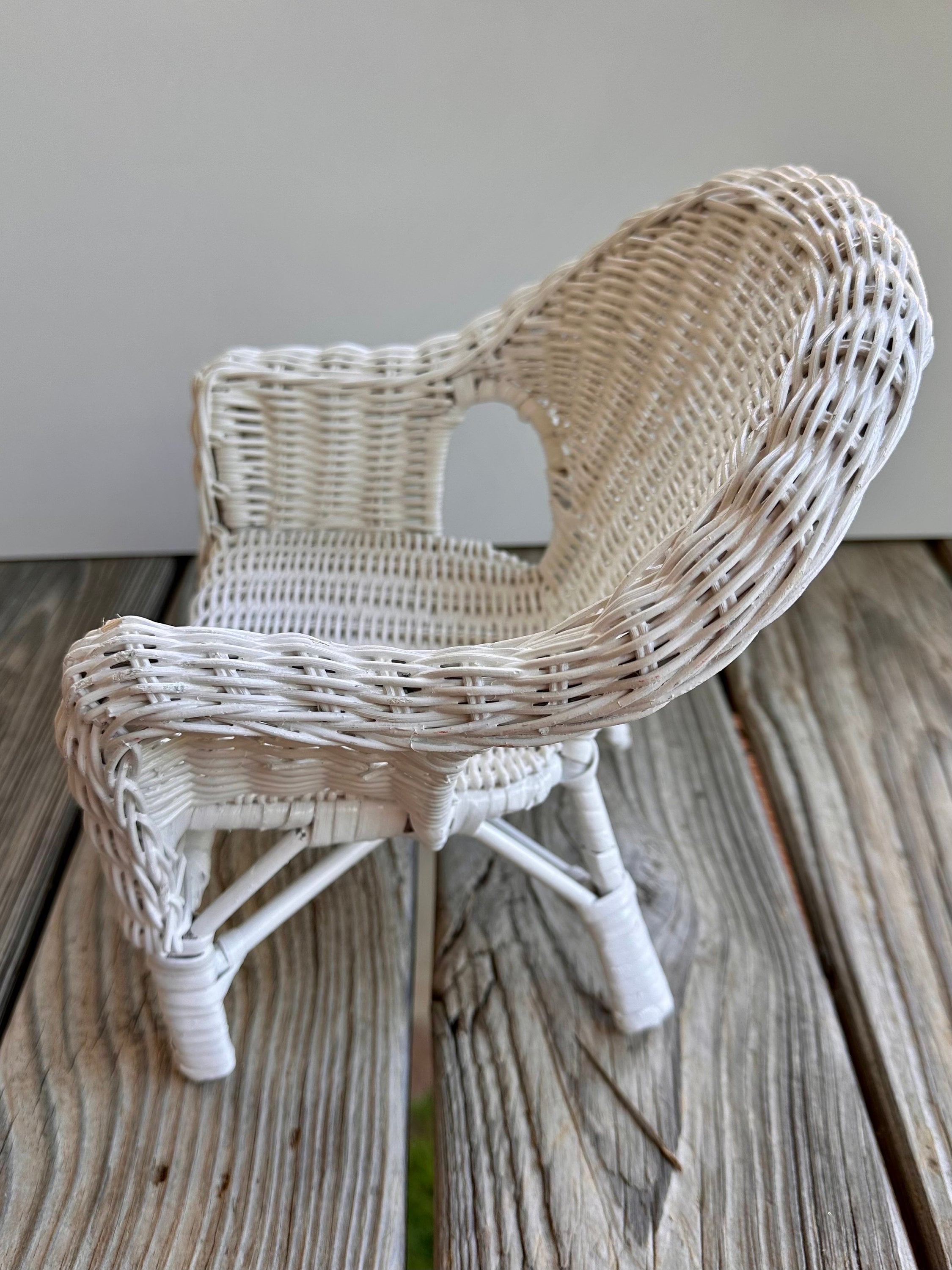 Vintage Coastal White Wicker Mini Chair Doll Furniture Baby Nursey Room ...