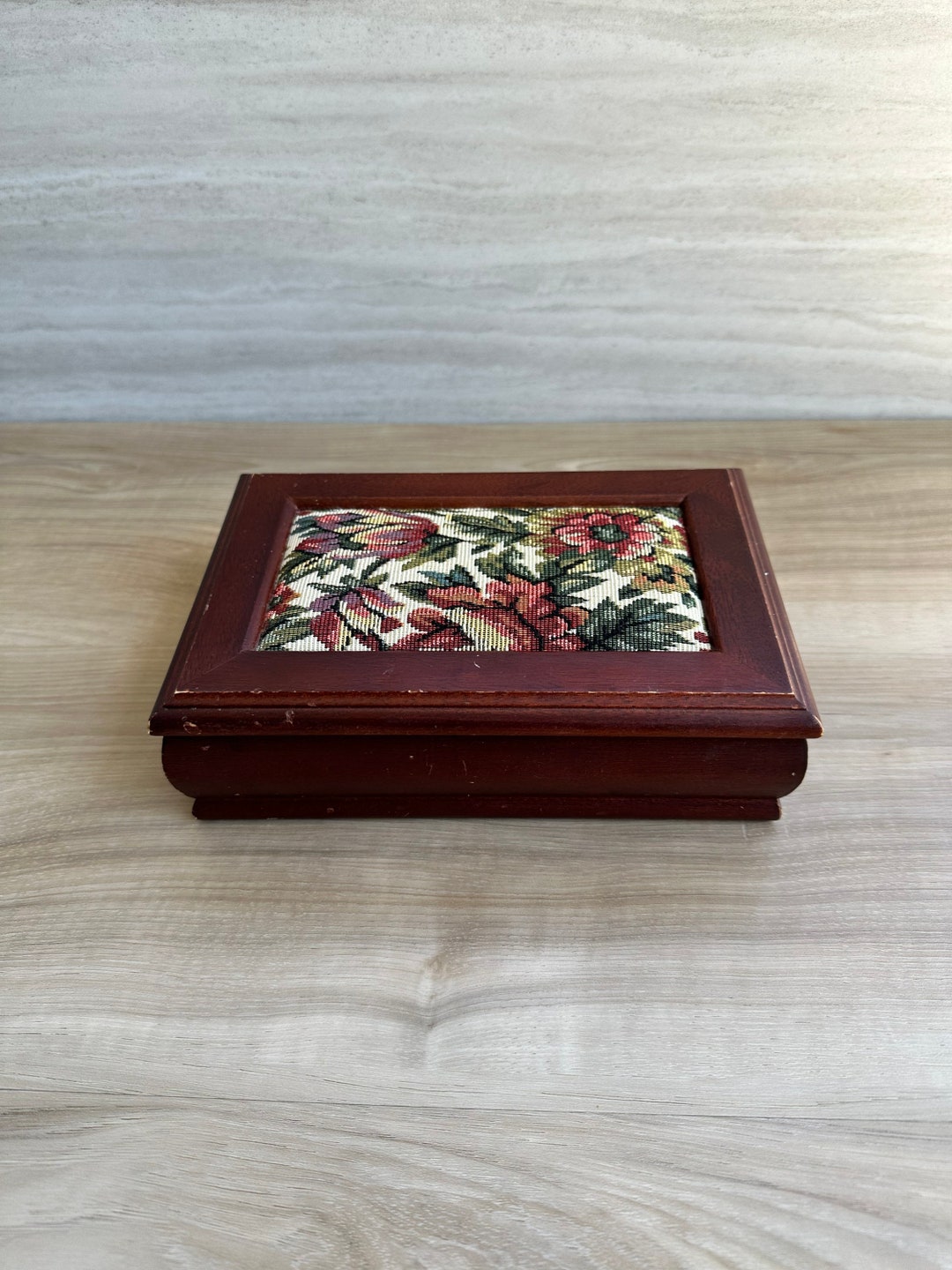 1990's Cherry Wood Tapestry Jewelry Chest Box - Mirrored - Vintage ...