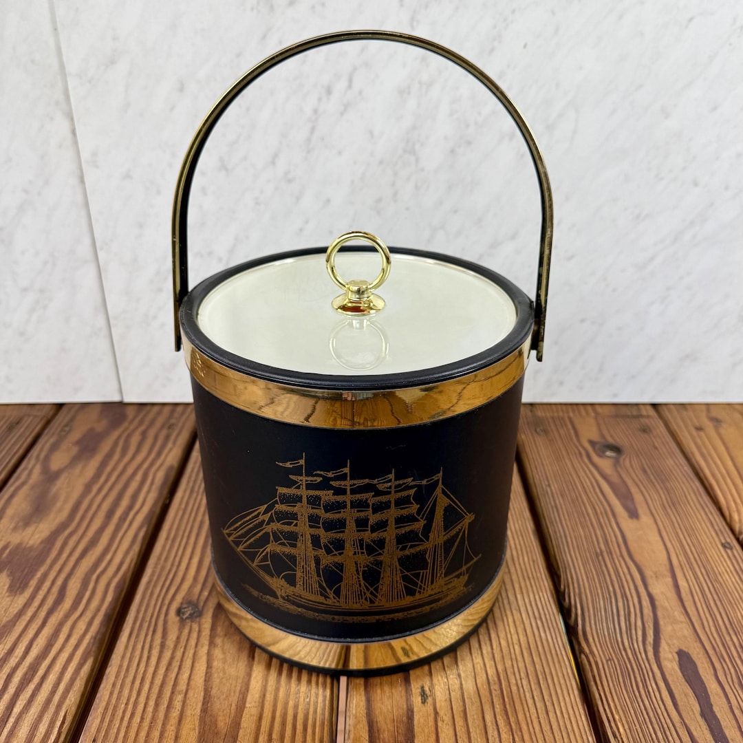 Vintage Black and Gold Ship Ice Bucket With Clear Lid and Brass Handle ...