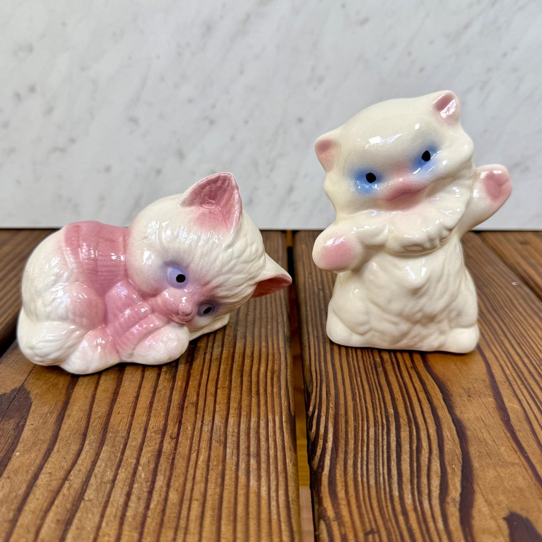 Vintage Ceramic Kitten Figurines Pink and White Cat Set - Etsy