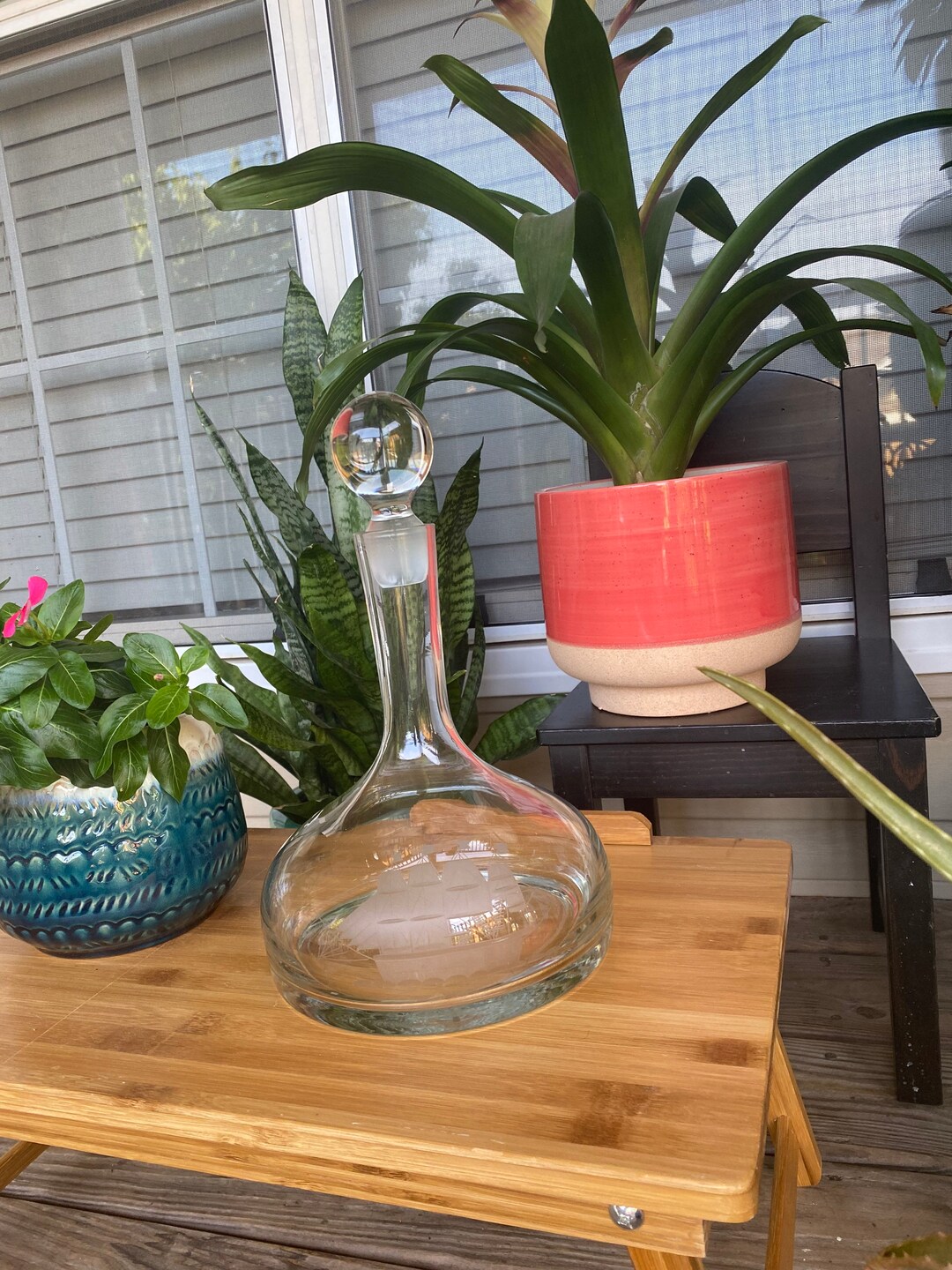 Vintage Tall Glass Ship Etched Decanter Tuscany Etched Engraved Glass ...