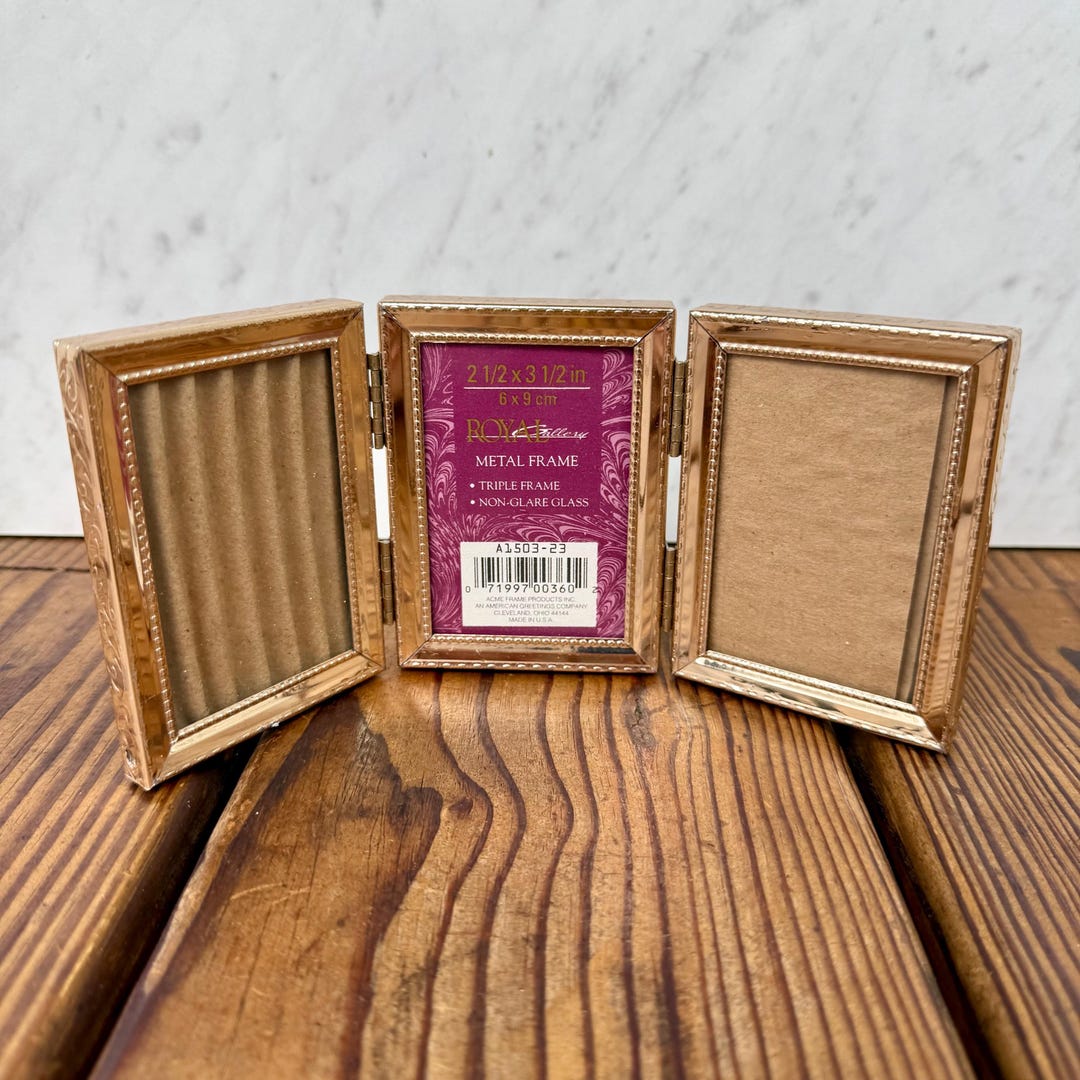 Vintage Gold Triple Folding Metal Picture Frame – 2.5x3.5 Inch Mini ...