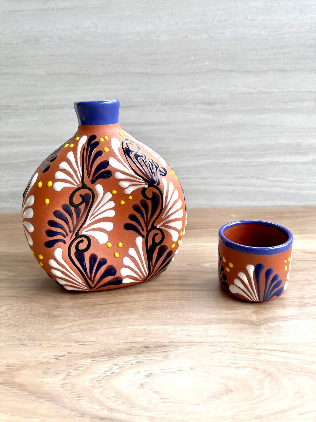 Large Mexican Clay Water Jug Carafe Decanter With Cup - Licorera Deco ...