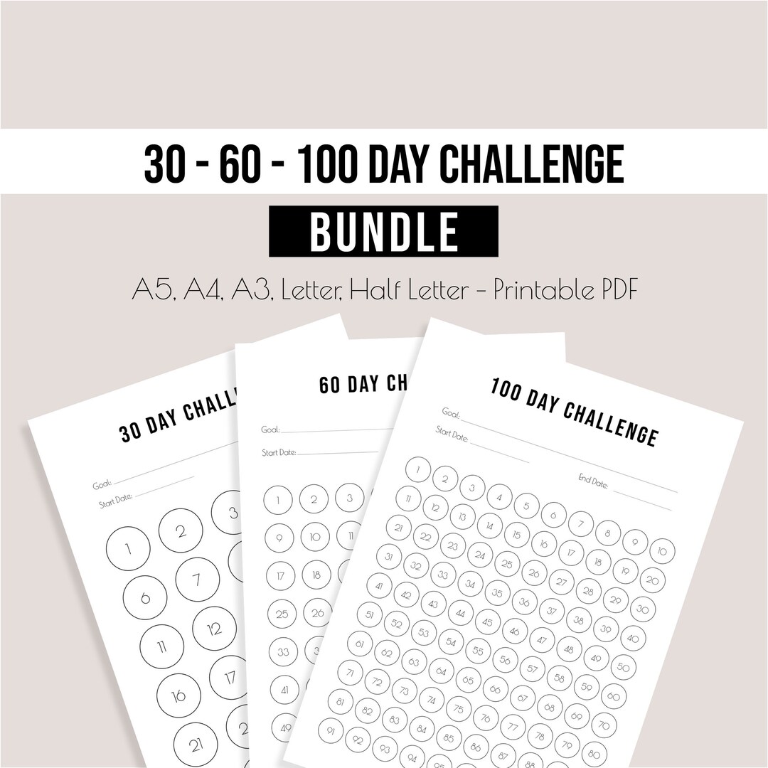 Printable 30 Day Challenge, 60 Day Challenge, 100 Day Challenge Bundle ...