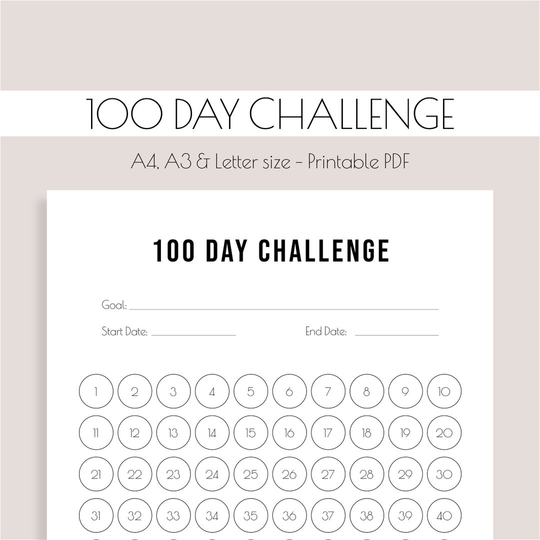 Printable 100 Day Challenge, Digital Download Habit Tracker, Goal ...