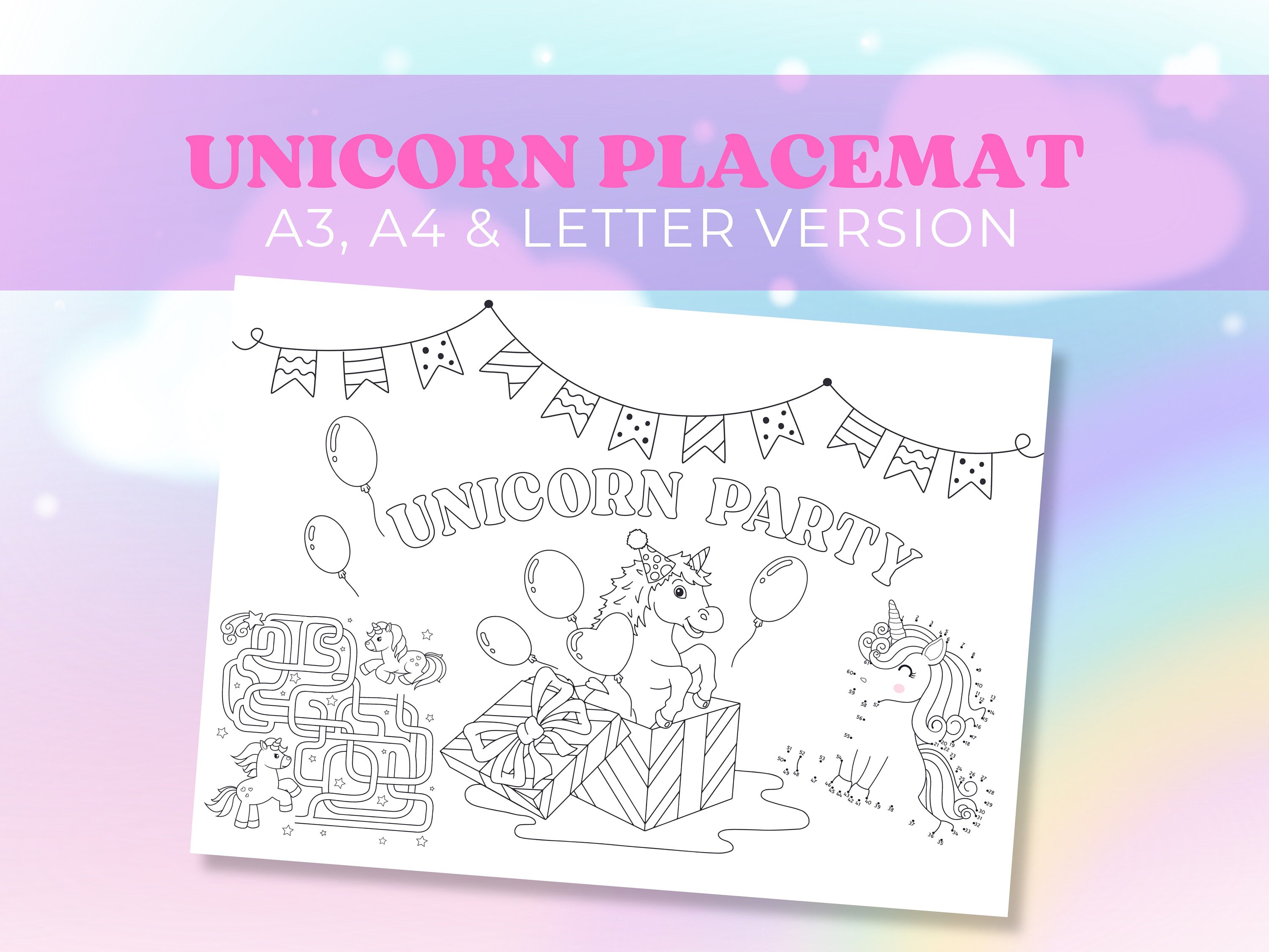 Printable Unicorn Birthday Placemat, Activity Unicorn Placemat Template ...