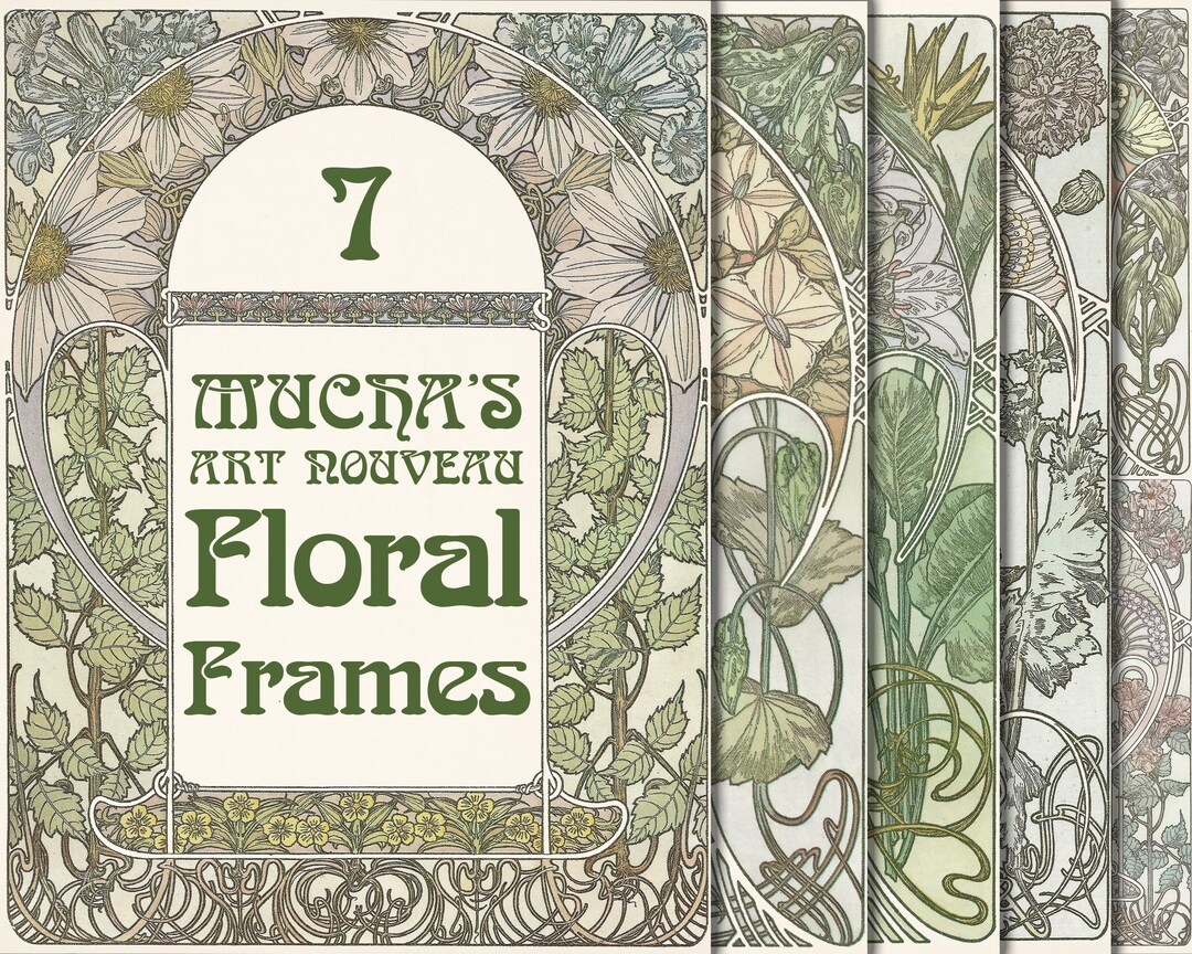Digital Alphonse Mucha Floral Frame Pack 7, Art Nouveau, Vintage Floral ...