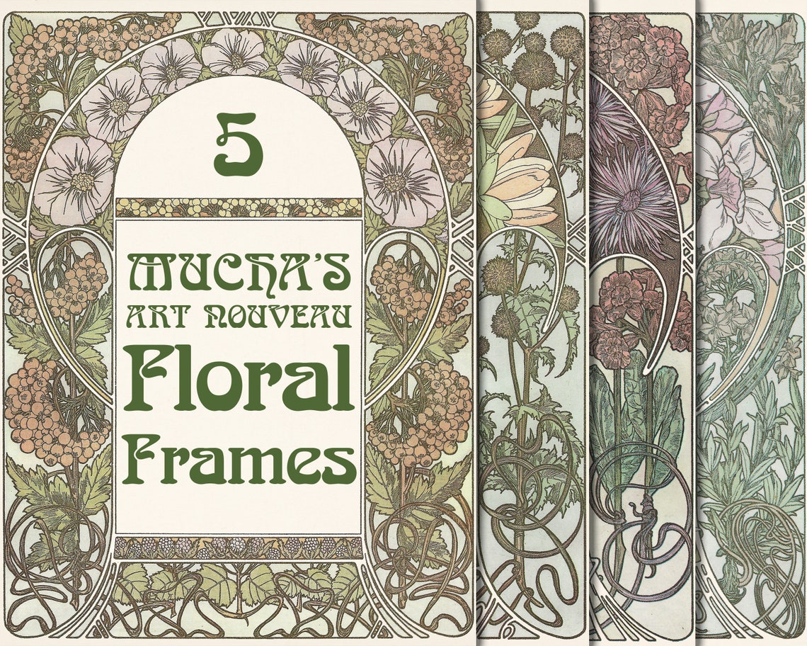 Digital Alphonse Mucha Floral Frame Pack 5, Art Nouveau, Vintage Floral ...