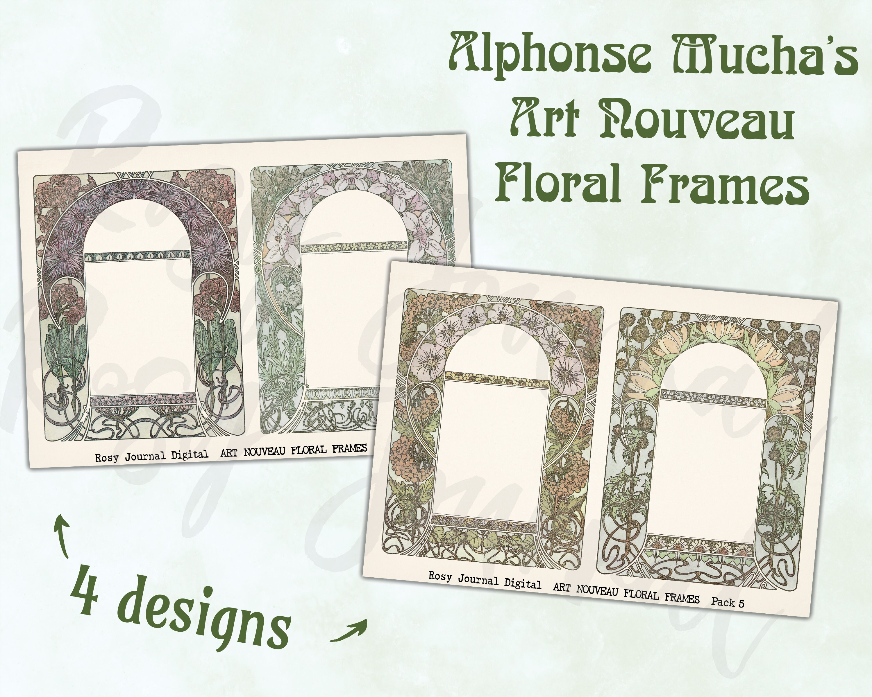 Digital Alphonse Mucha Floral Frame Pack 5, Art Nouveau, Vintage Floral ...