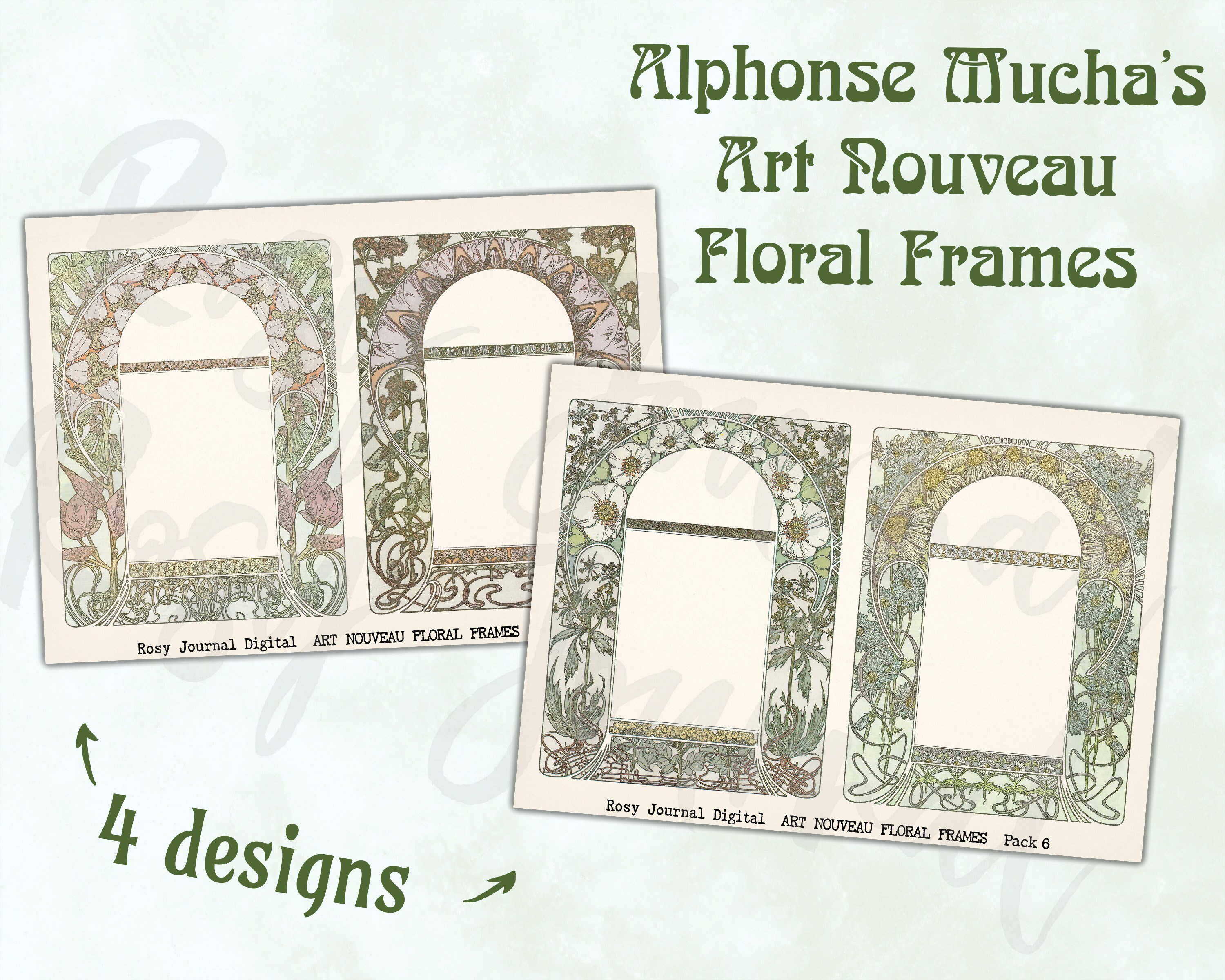 Digital Alphonse Mucha Floral Frame Pack 6, Art Nouveau, Vintage Floral ...