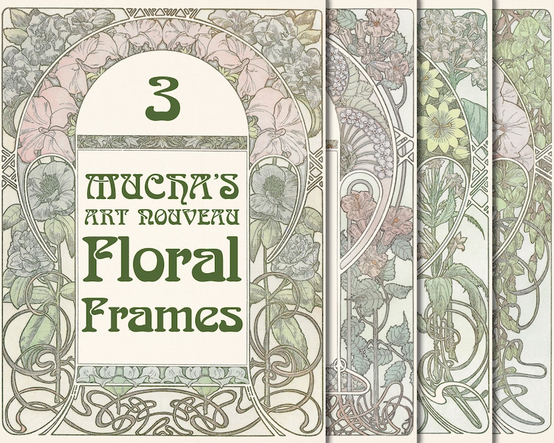 Digital Alphonse Mucha Floral Frame Pack 3, Art Nouveau, Vintage Floral ...