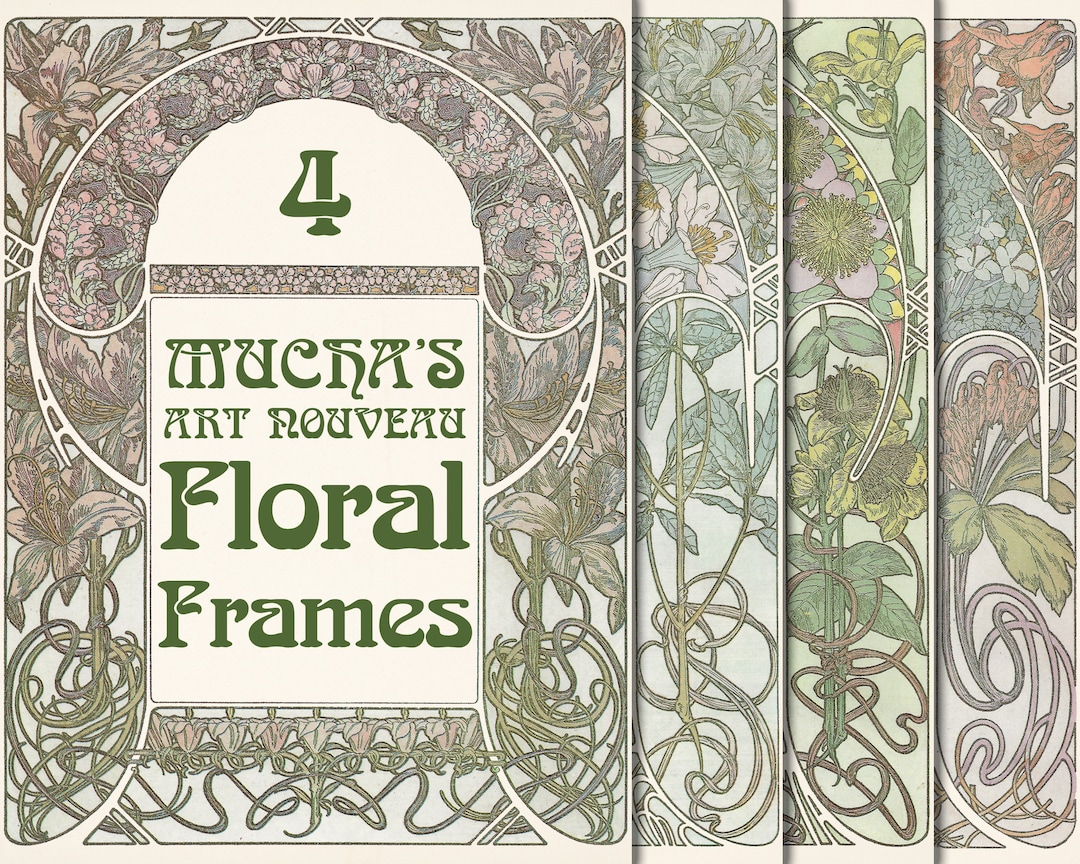Digital Alphonse Mucha Floral Frame Pack 4, Art Nouveau, Vintage Floral ...